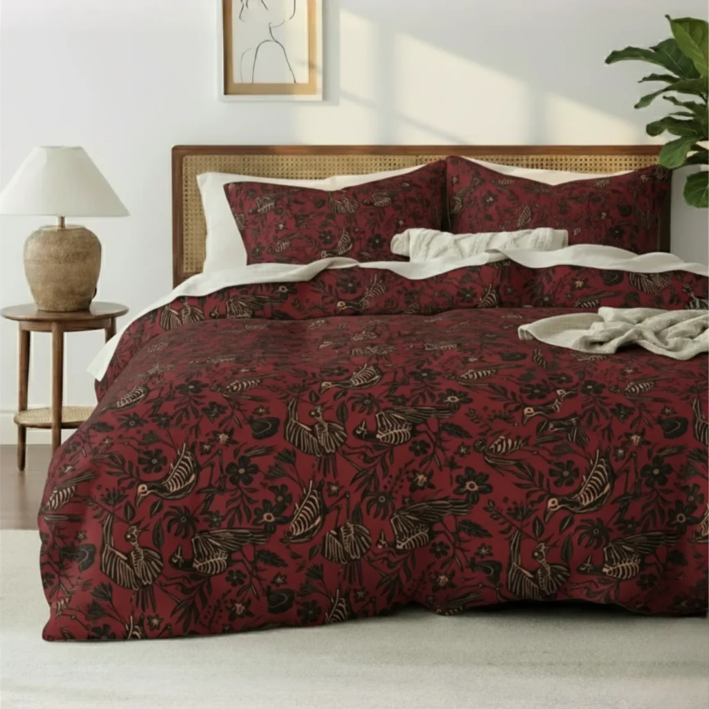Red & Black Bird Pattern Full Duvet Cover Set – Soft Polyester Bedding